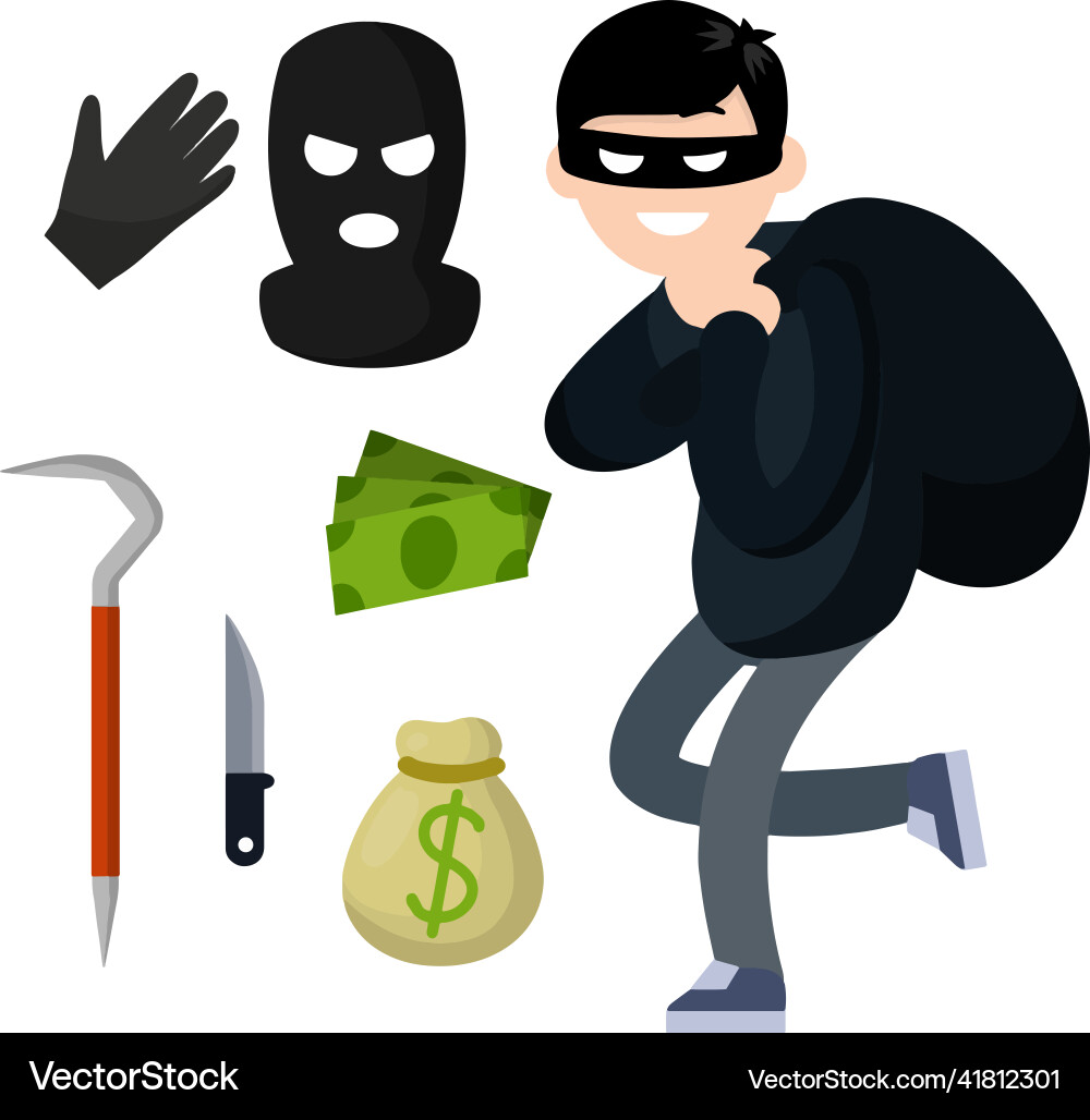 Thief with knife robber in black cloth Royalty Free Vector