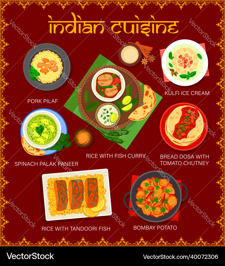 Indian restaurant menu rice and vegetable dishes Vector Image
