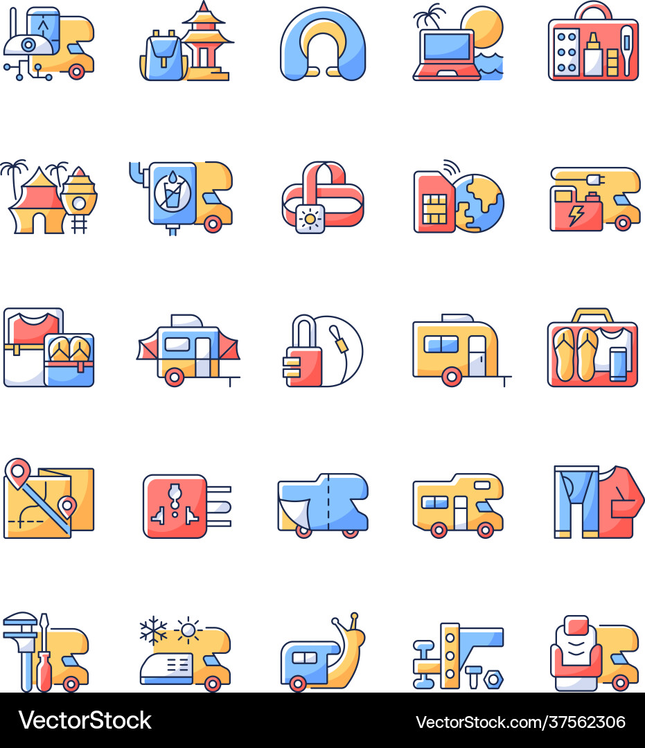 Nomadic vacations rgb color icons set Royalty Free Vector
