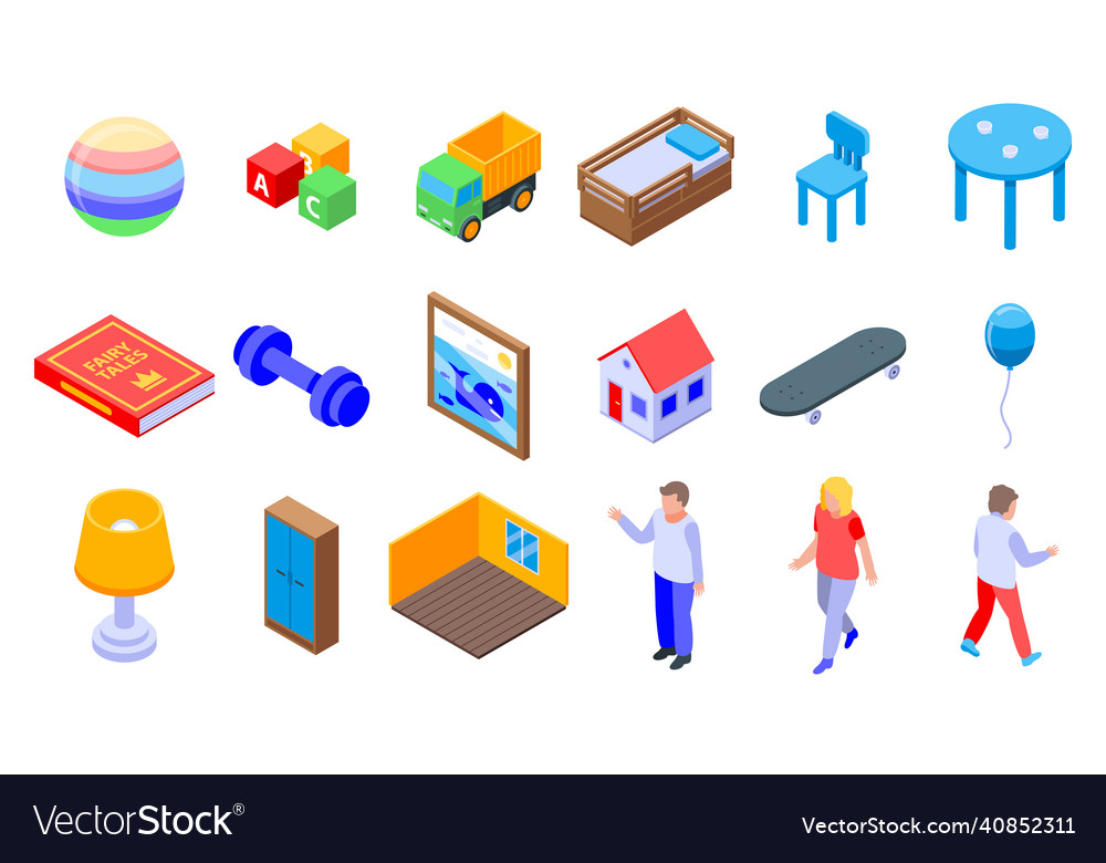 Children room icons set isometric style Royalty Free Vector