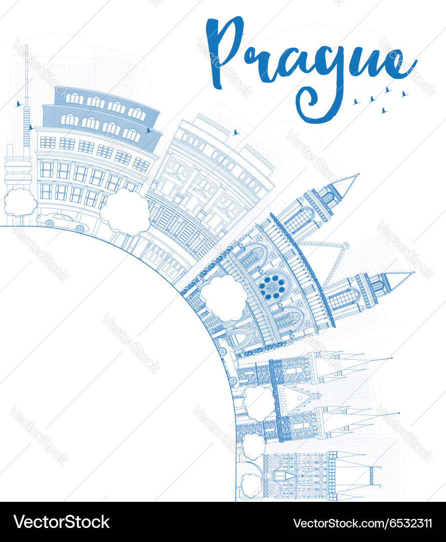 Outline Prague skyline with blue landmarks Vector Image