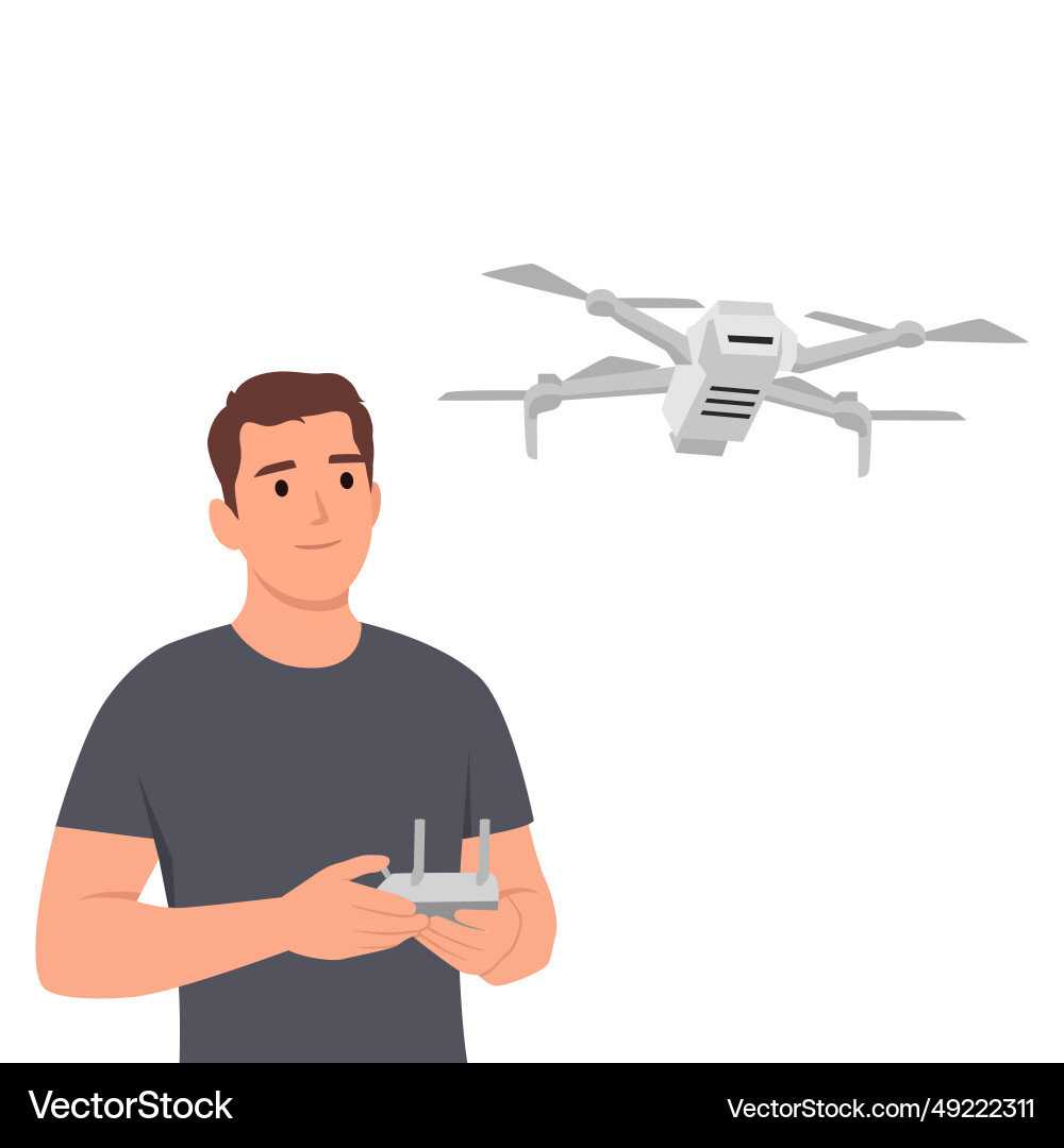 Young man with drone quadrocopter remote aerial Vector Image