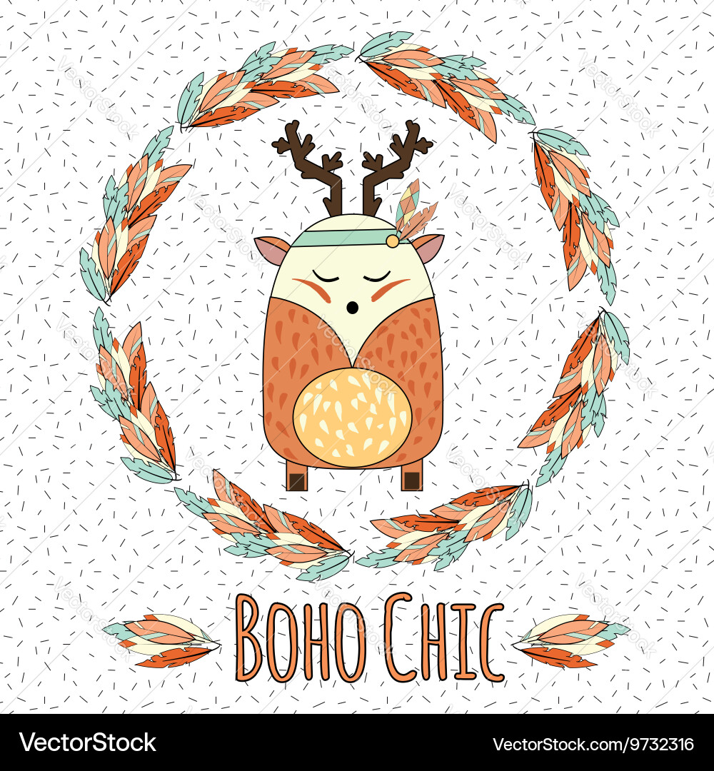 Boho deer in feather wreath in hand drawn style Vector Image