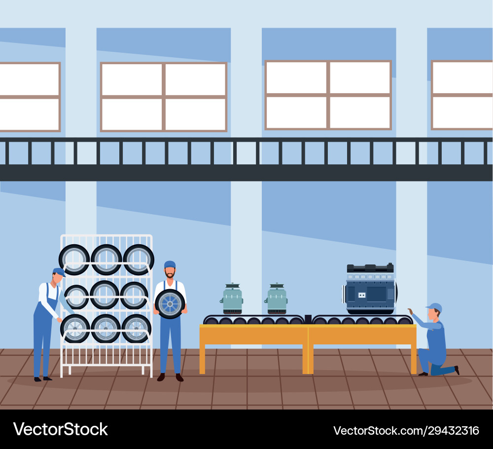 Car workshop scenery with mechanics with tires Vector Image