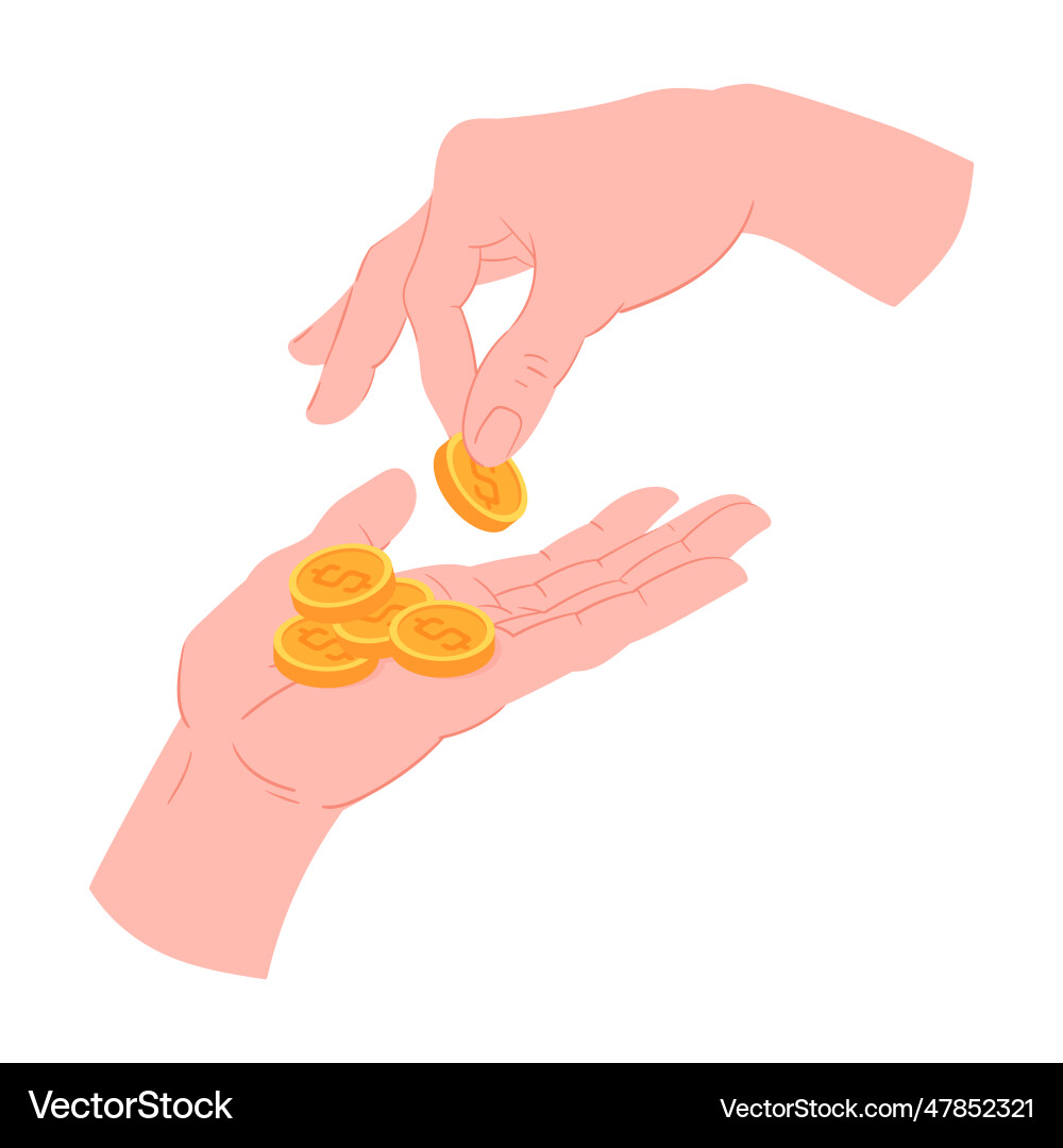 Hands with gold coins cartoon hand put Royalty Free Vector