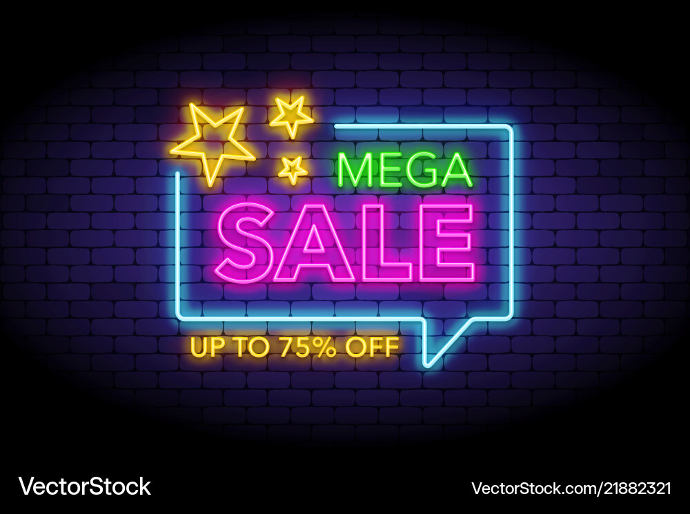 Mega sale in neon style stars Royalty Free Vector Image