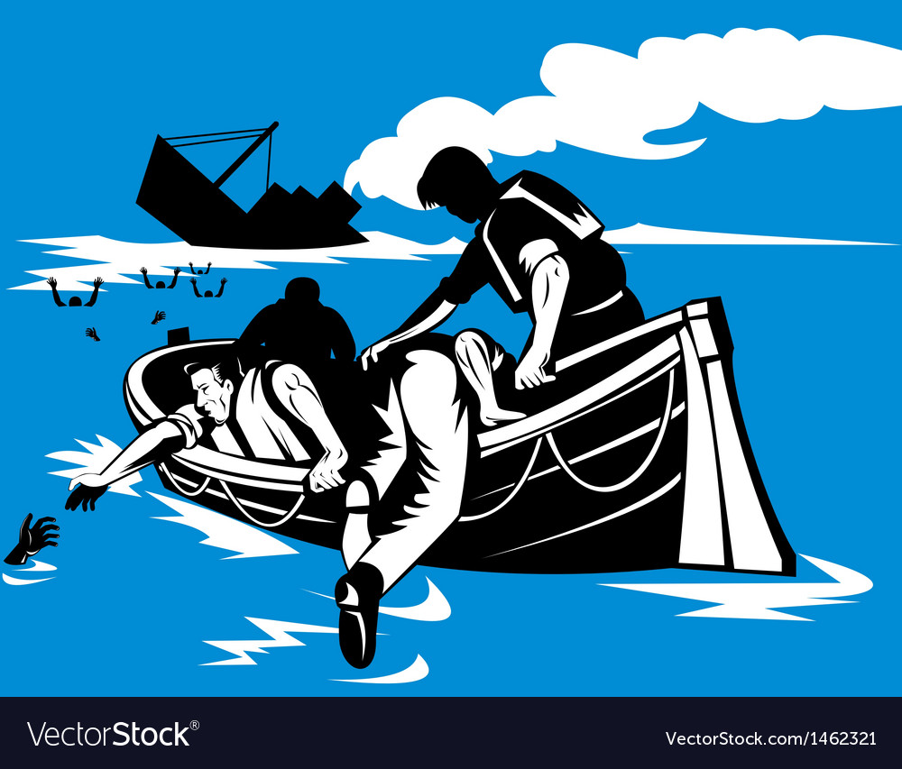 Passenger Ship Sinking Survivors In Life Raft Vector Image