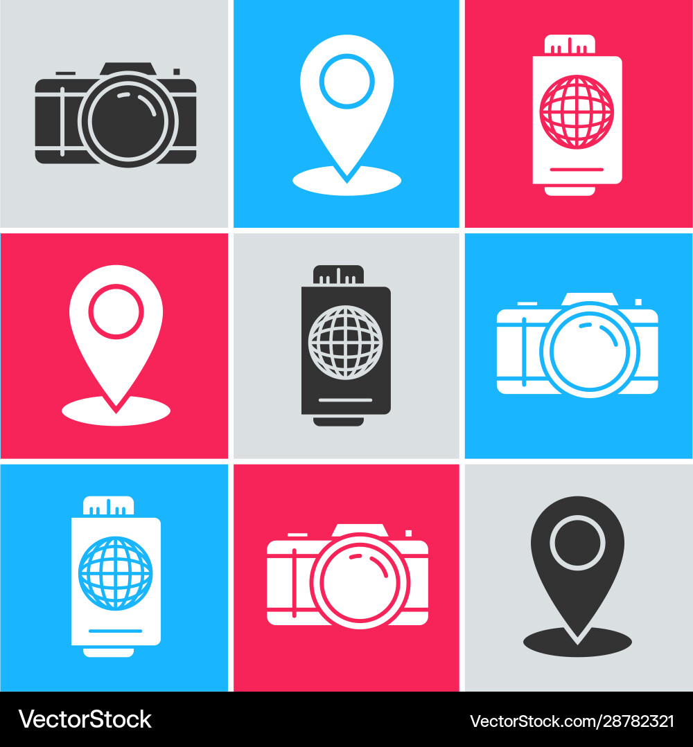Set photo camera map pin and passport with ticket Vector Image