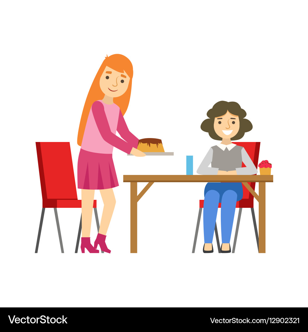 Two Women Sharing A Cake Smiling Person Having A Vector Image