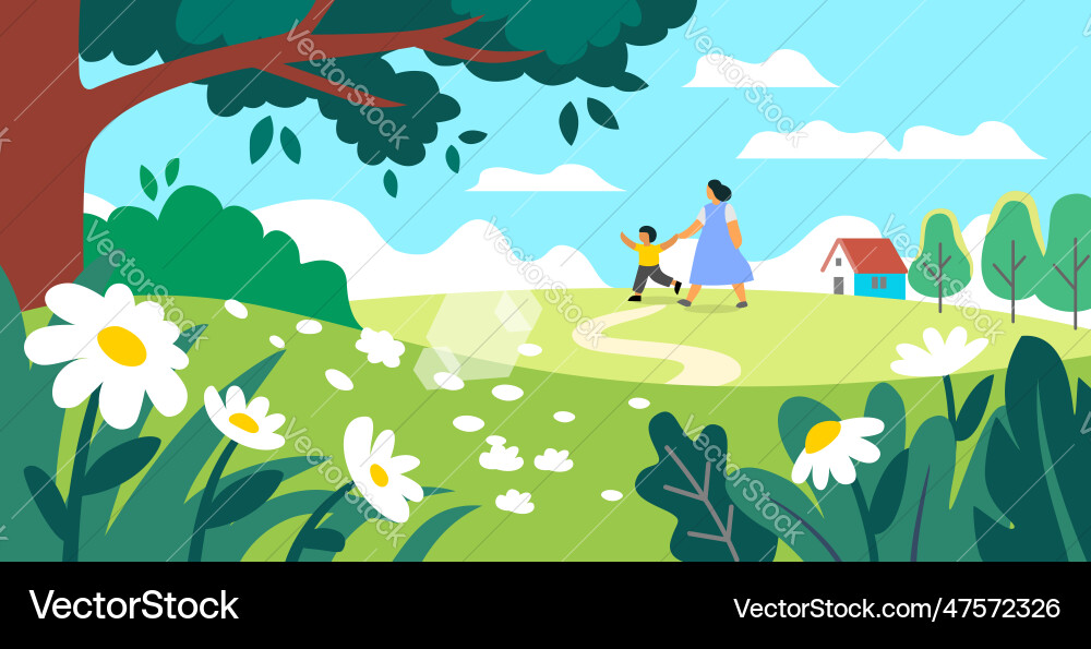Country landscape with flowers spring bloom Vector Image