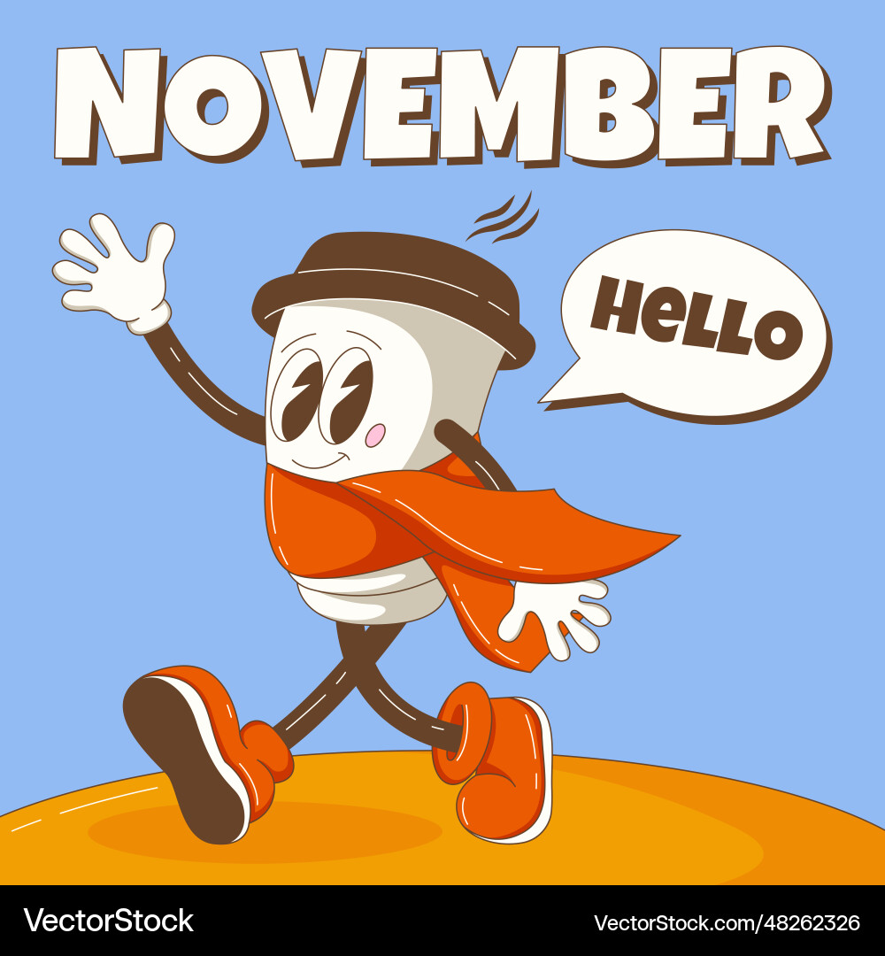 Hello november retro groovy coffee character Vector Image
