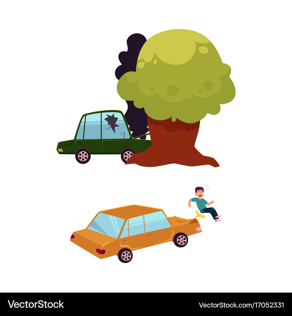 Flat cartoon car accident set isolated Royalty Free Vector