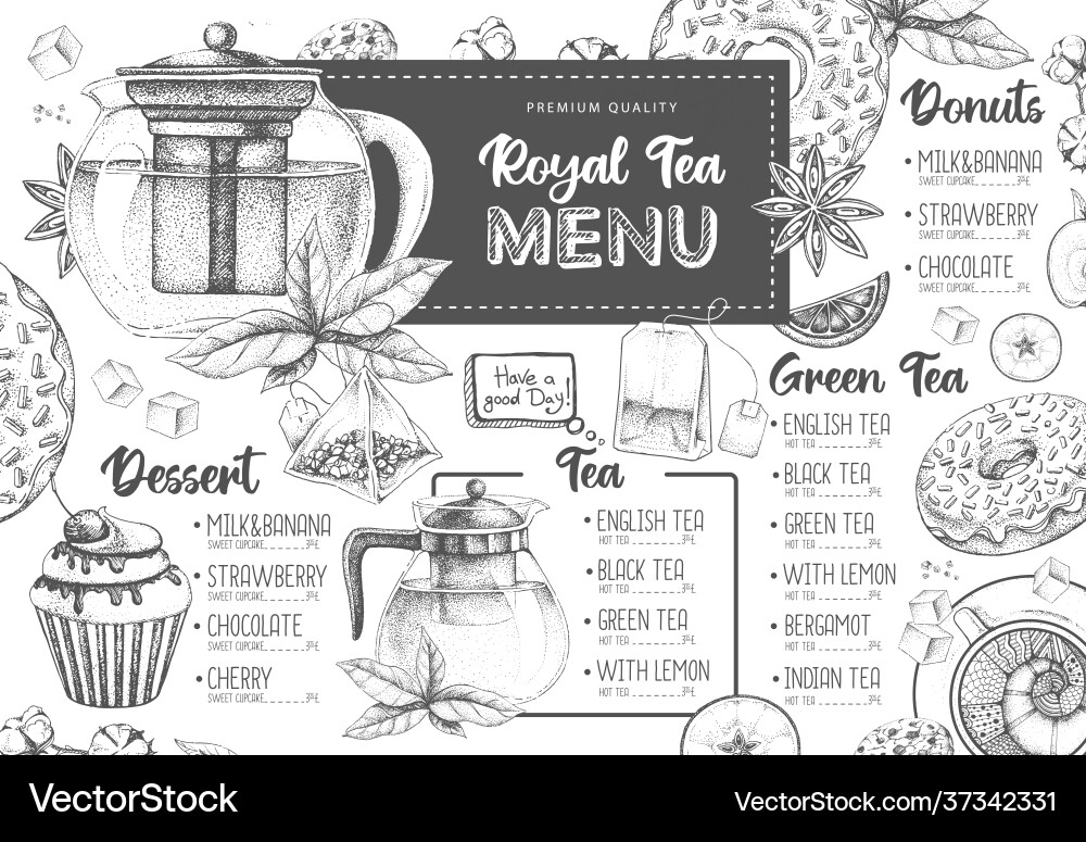 Hand drawing artistic restaurant royal tea menu Vector Image