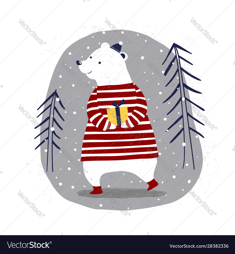 Merry Christmas Card With Polar Bear With A T Vector Image