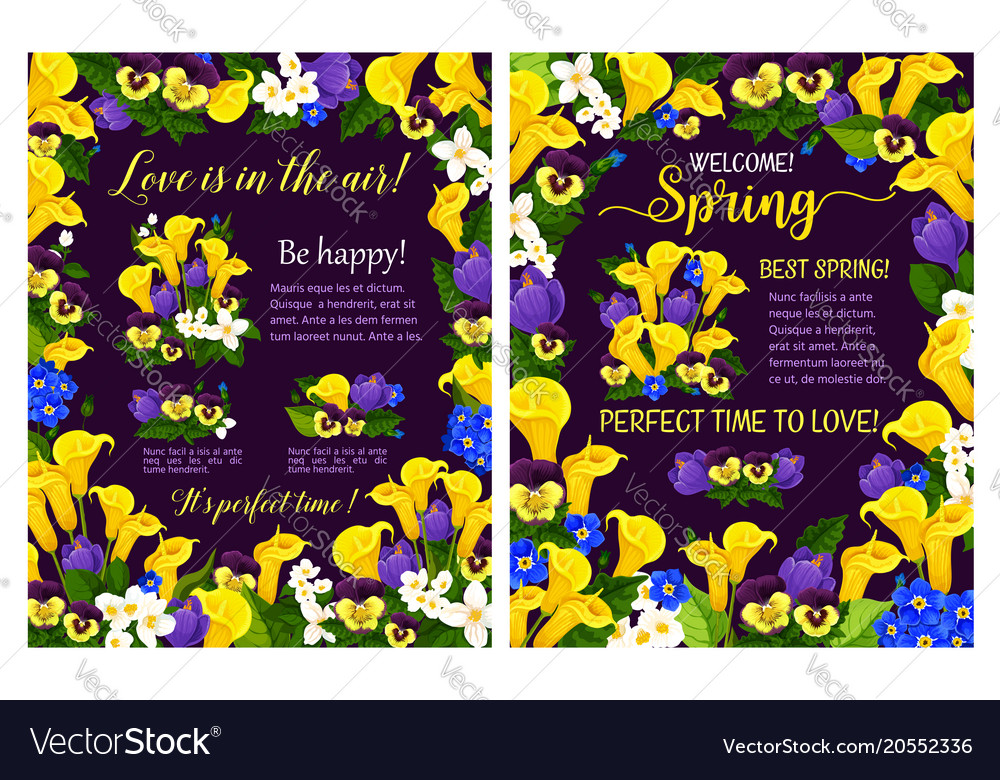 Spring poster with flower frame and blooming plant
