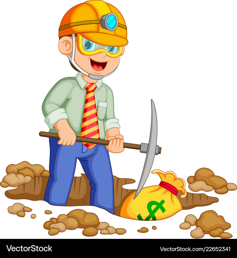 Businesman is digging on golden bitcoin and dollar