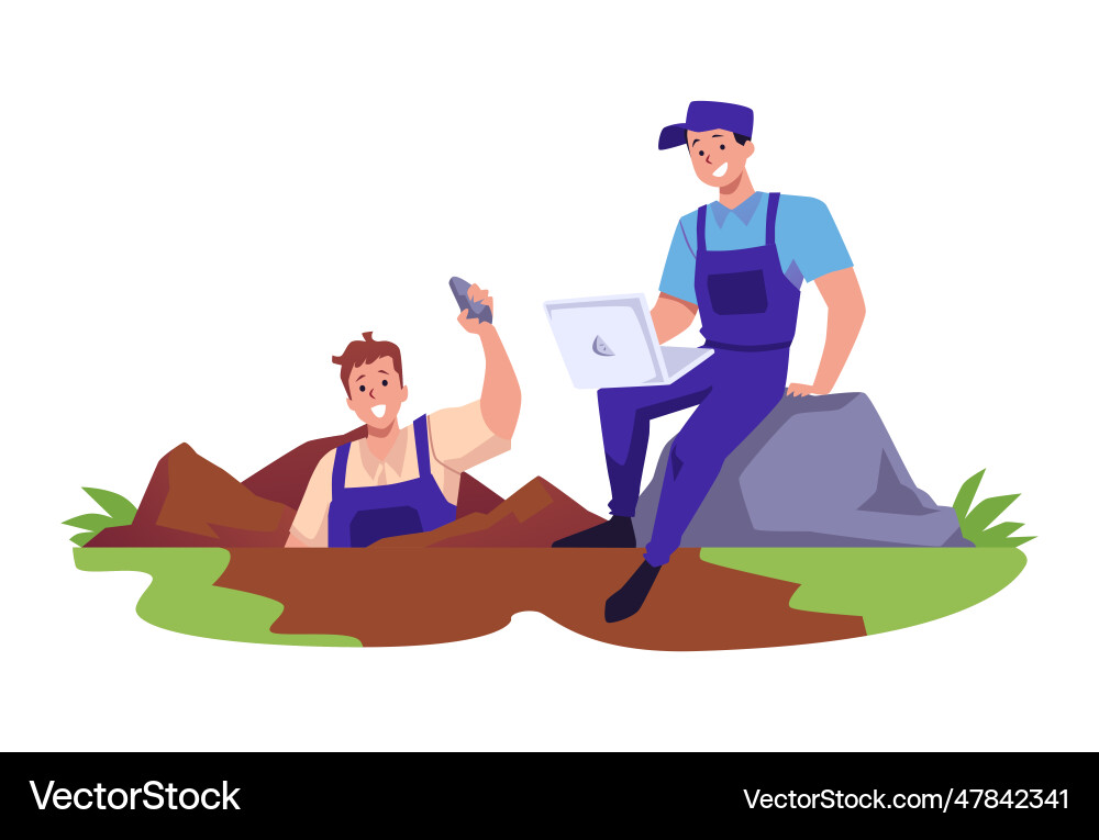 Geological expedition man dug up and found Vector Image