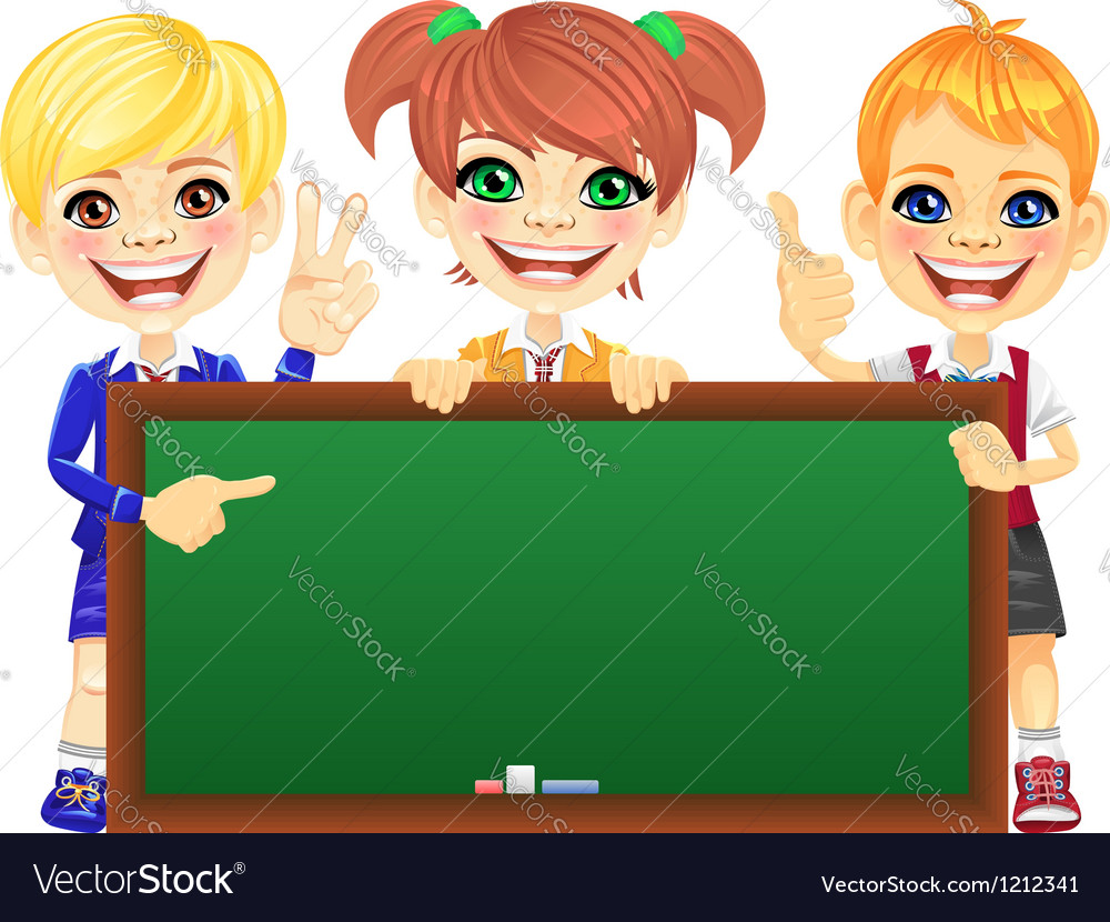 Happy schoolchildren with green banner blackboard Vector Image