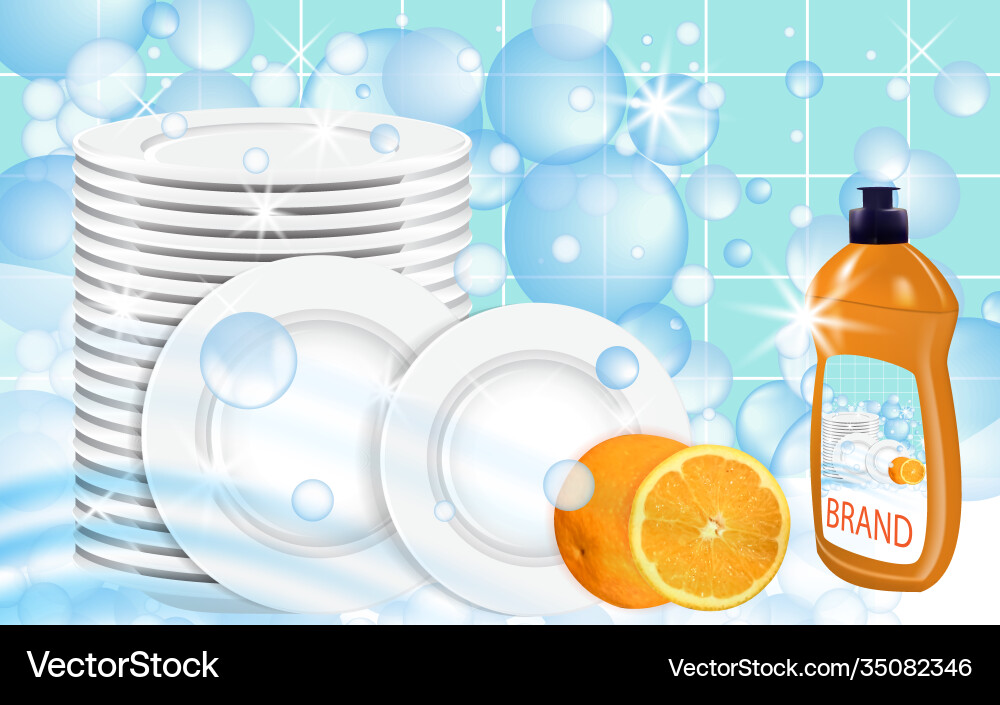 Orange dishwashing liquid products with plates Vector Image