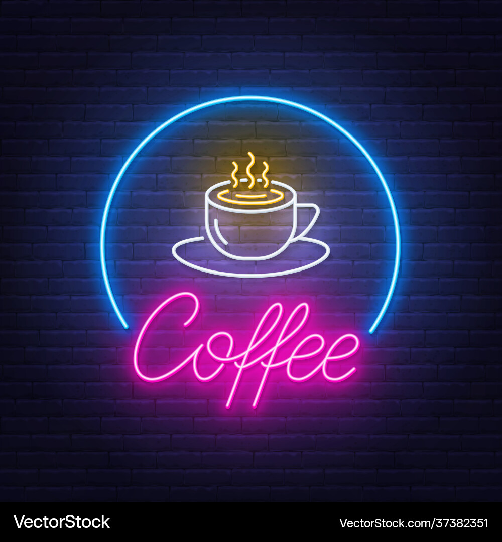 Coffee neon sign on brick wall background Vector Image
