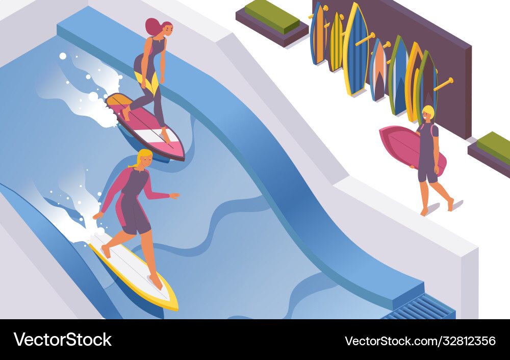 Isometric surf wave pools at hotel water park Vector Image