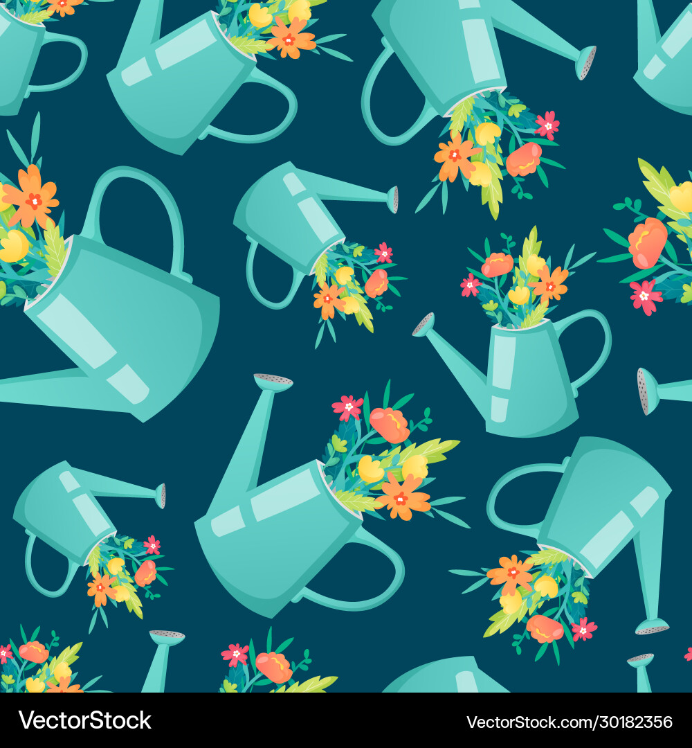 Watering cans with flowers seamless pattern Vector Image