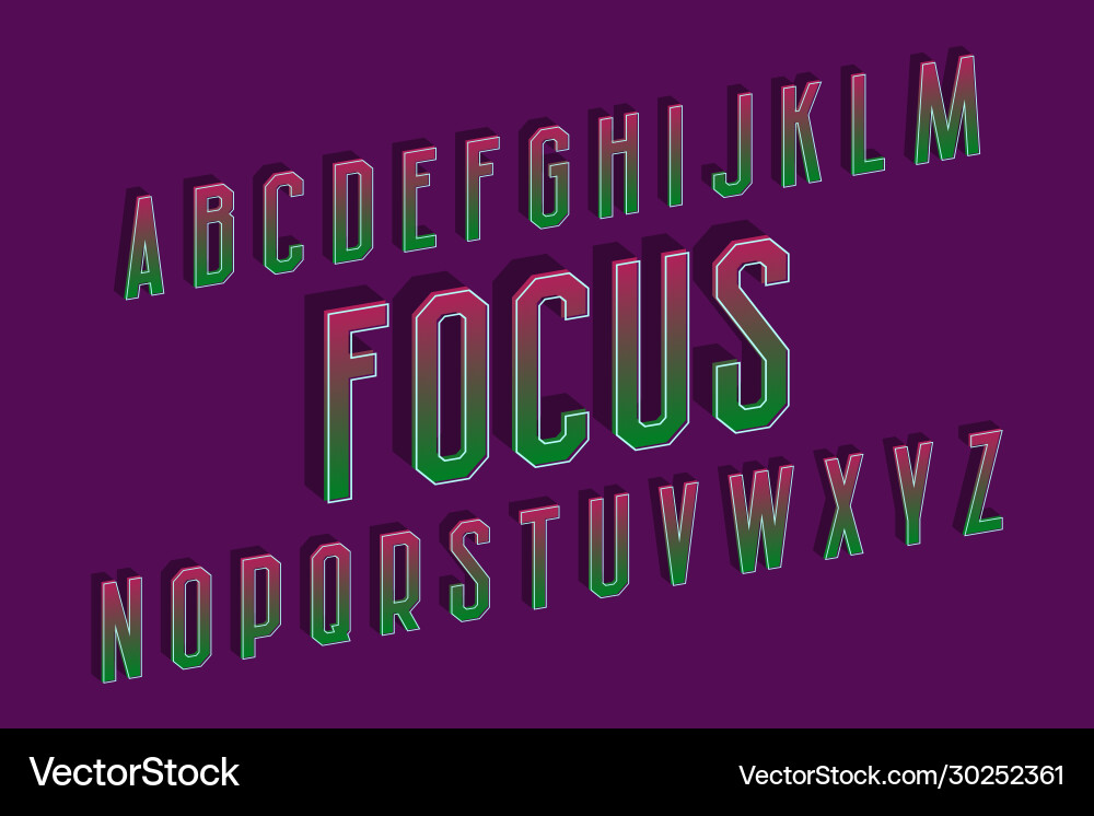 Focus alphabet pink green letters 3d stylized Vector Image