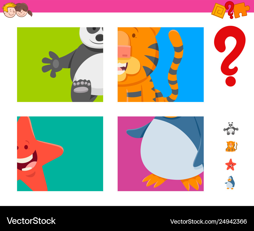 Guess cartoon animals task for children Royalty Free Vector
