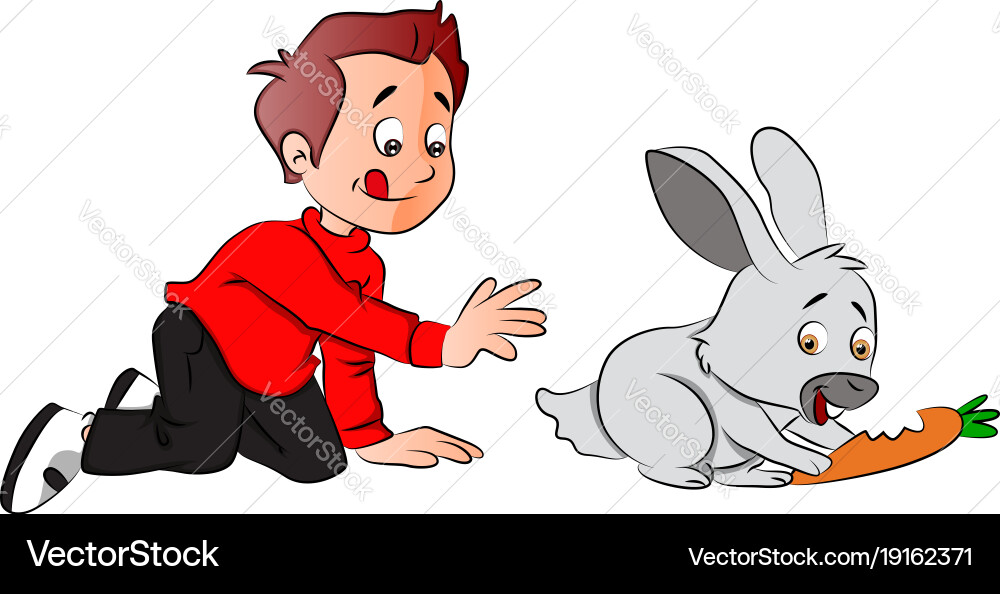 Boy hungrily looking at rabbit eating a carrot Vector Image