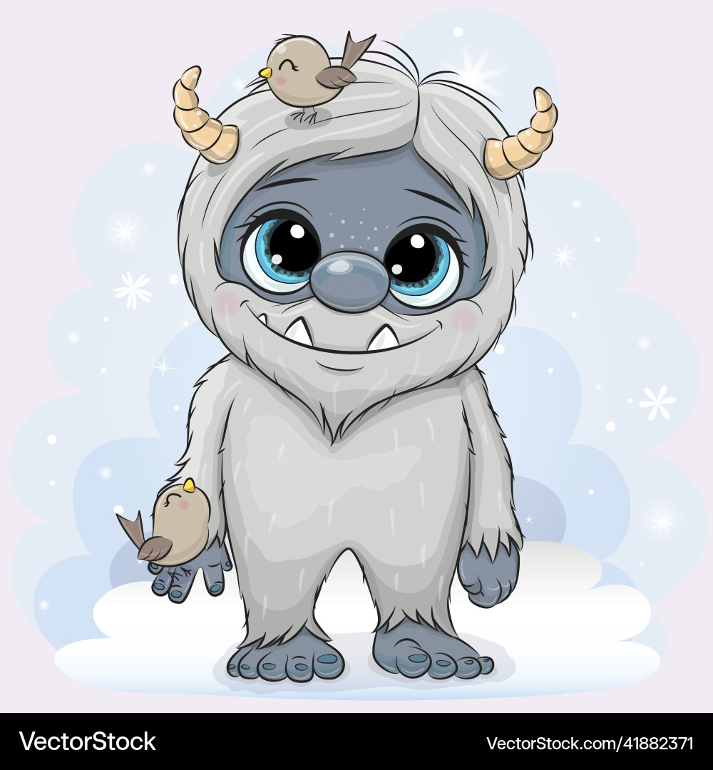 Yeti with two birds on the snow background Vector Image
