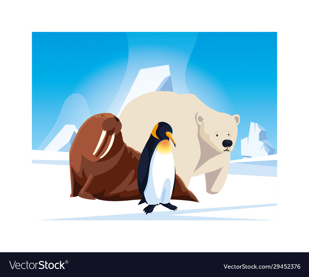 Arctic animals at north pole landscape Royalty Free Vector