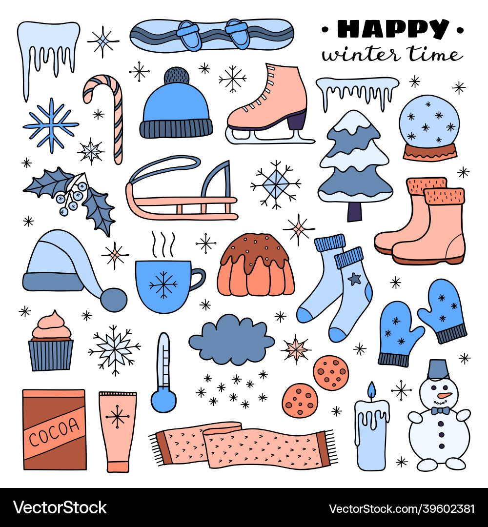 Collection of hand drawn winter items Royalty Free Vector