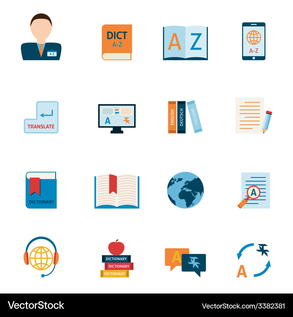 Translation and dictionary icons set Royalty Free Vector