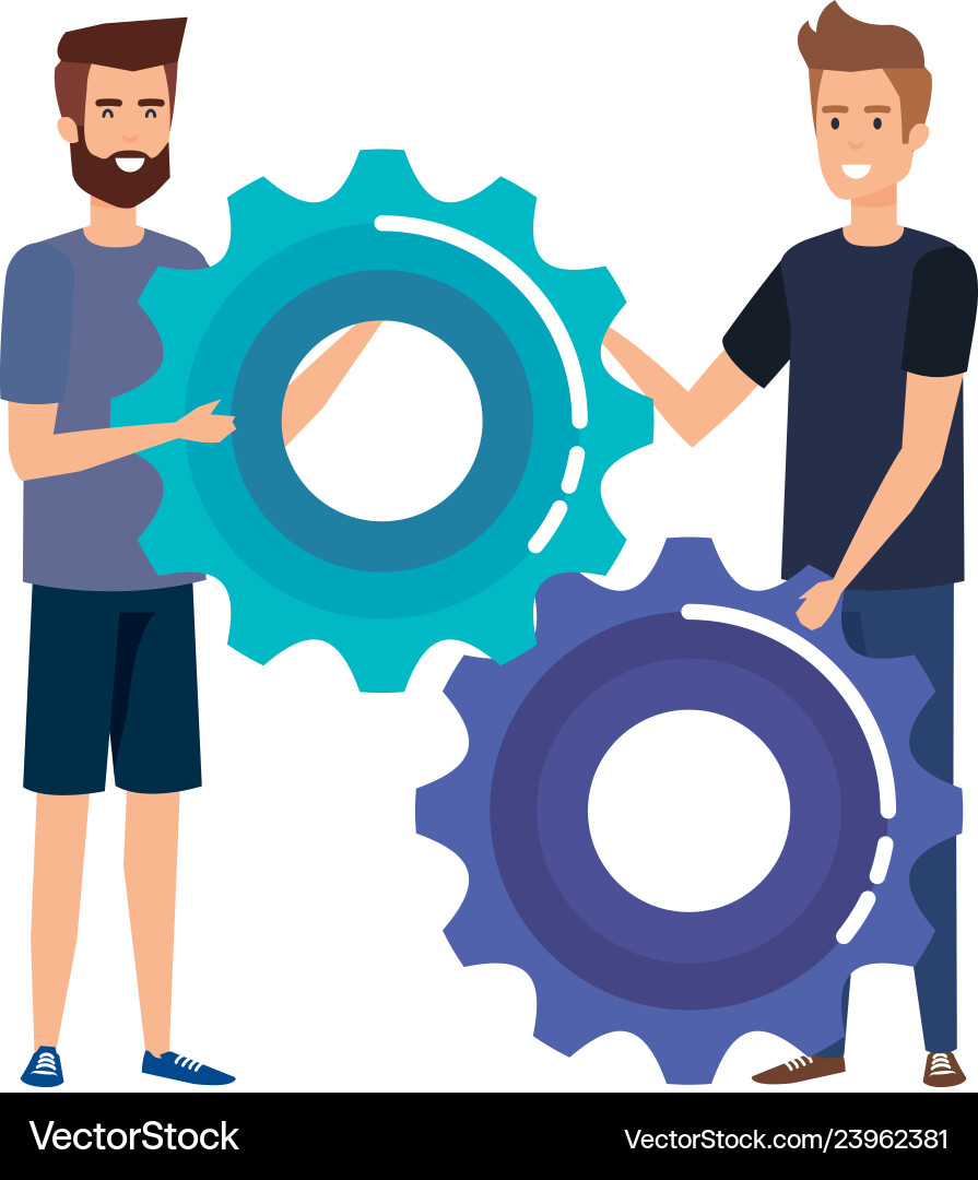 Young businessmen lifting gear Royalty Free Vector Image