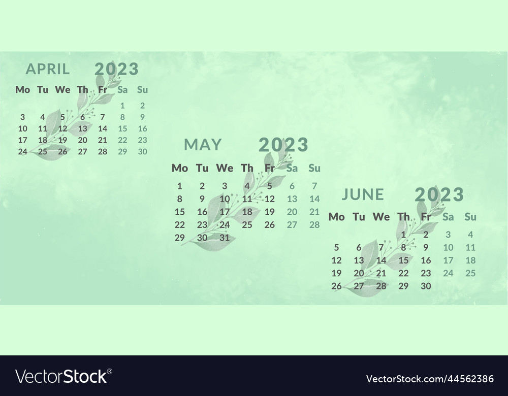 Calendar 2023 by quarters months april may june Vector Image
