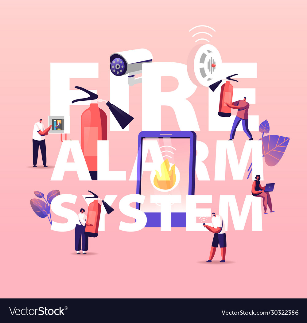 Fire alarm safety system concept characters get Vector Image