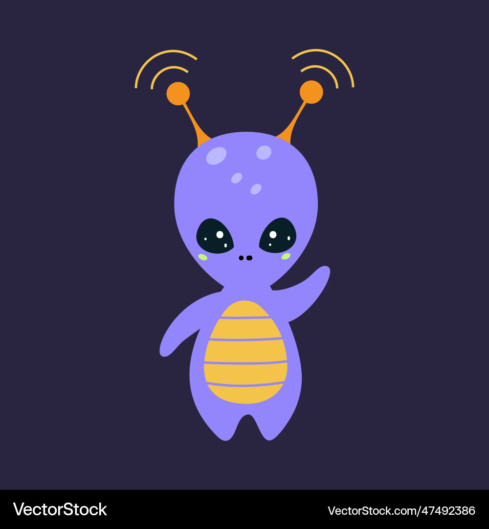 Friendly purple alien with antenna waving hand Vector Image
