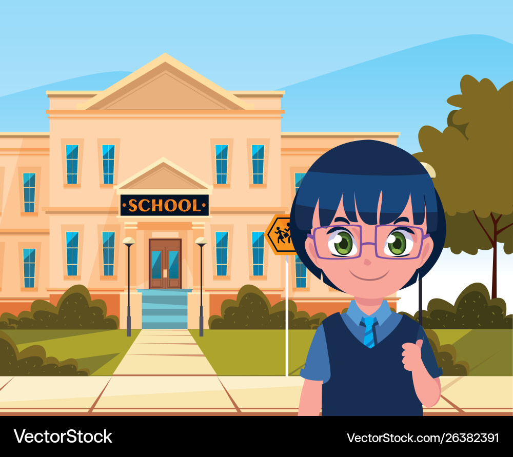 Student boy school building street Royalty Free Vector Image