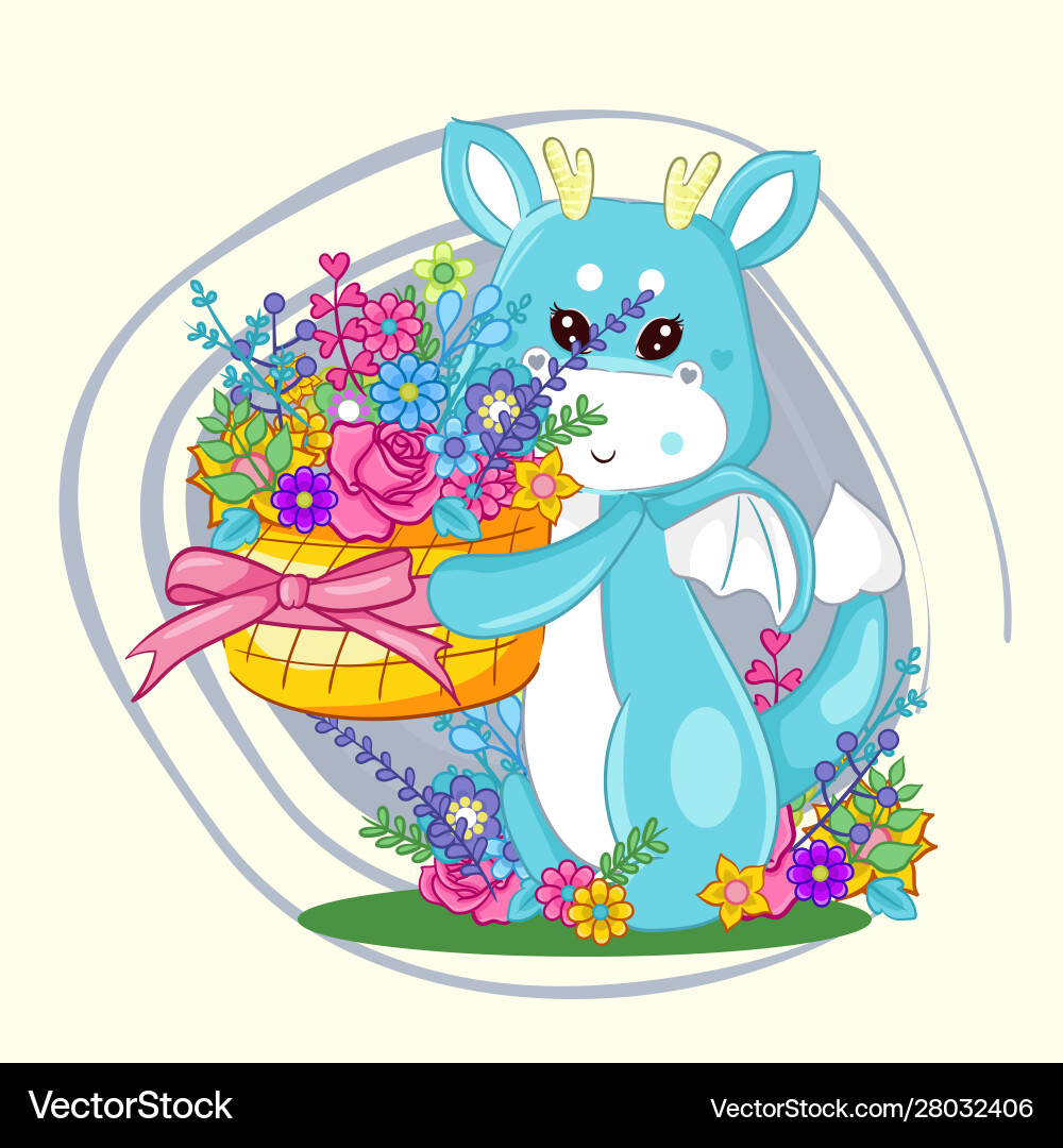 Hand drawn cute dragon and flowers Royalty Free Vector Image