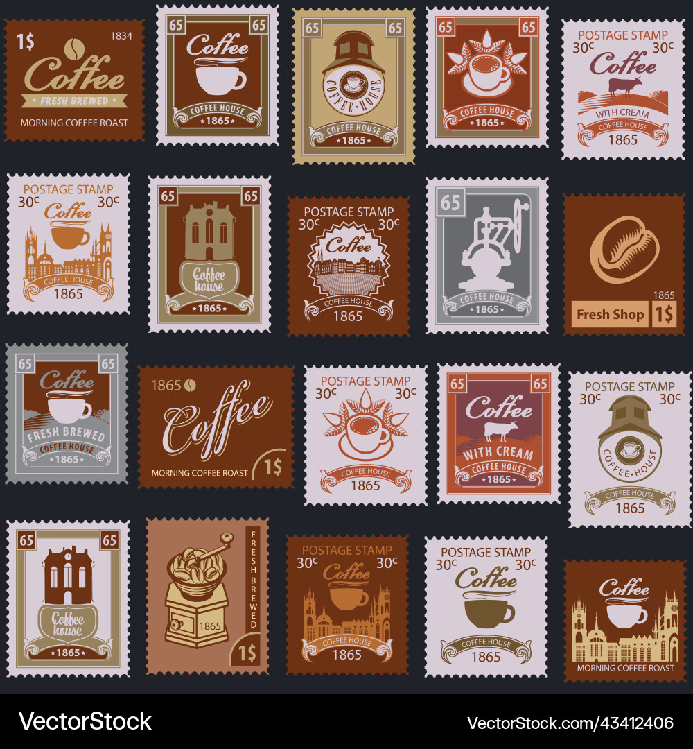 Seamless pattern of postage stamps on coffee theme