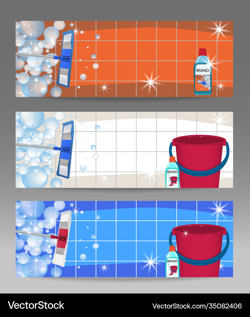 Set banners mop cleaning clean floor shiny Vector Image