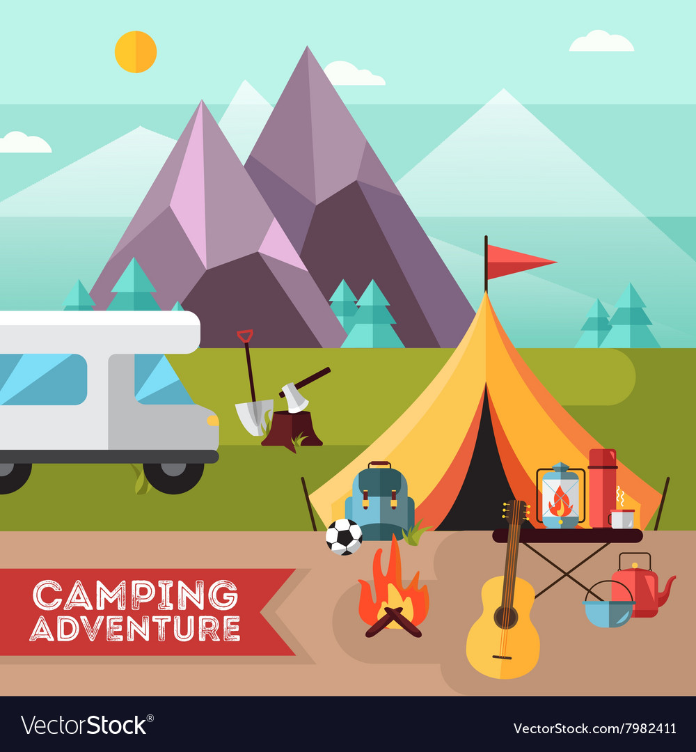 Camping hiking adventure flat background poster Vector Image