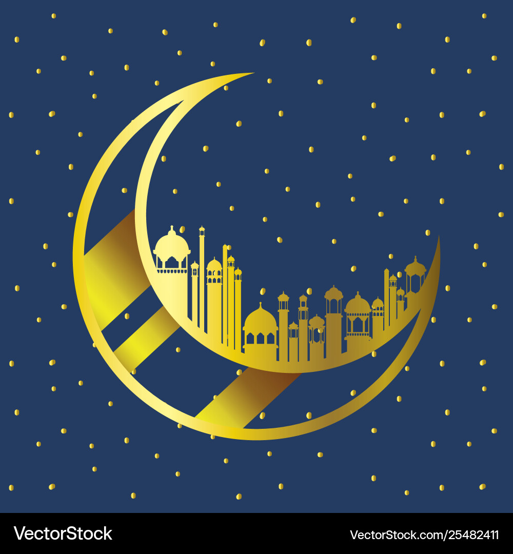 Golden moon with mosque buildings Royalty Free Vector Image