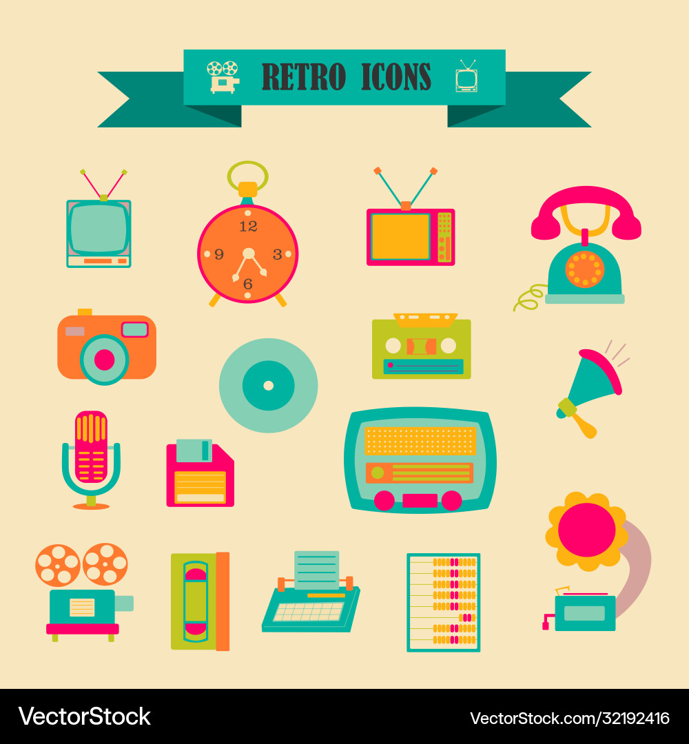 Multicolored icons with tape on topic retro Vector Image