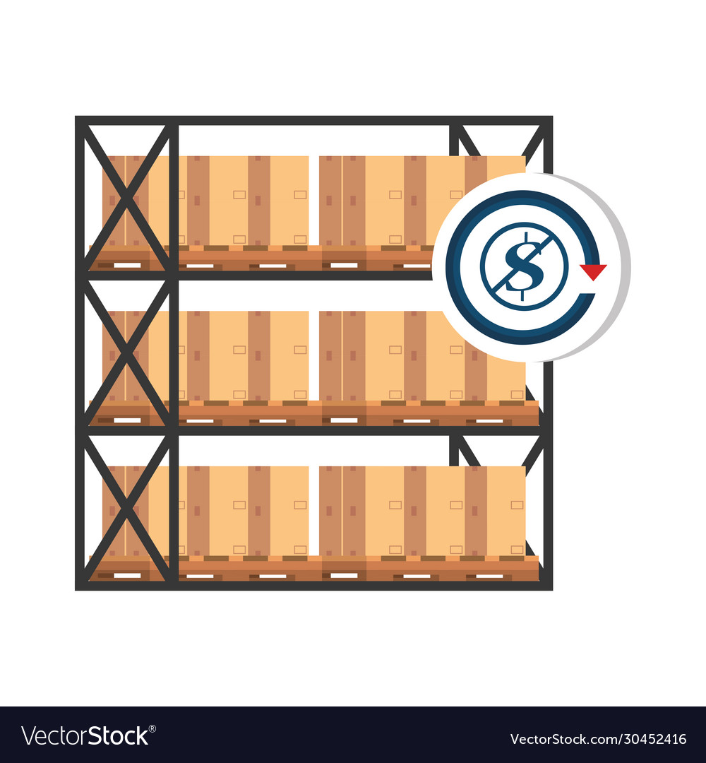 Warehouse metal shelving with boxes and dollar Vector Image