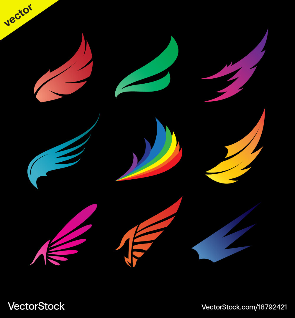 Colorful wing icons set on black background Vector Image
