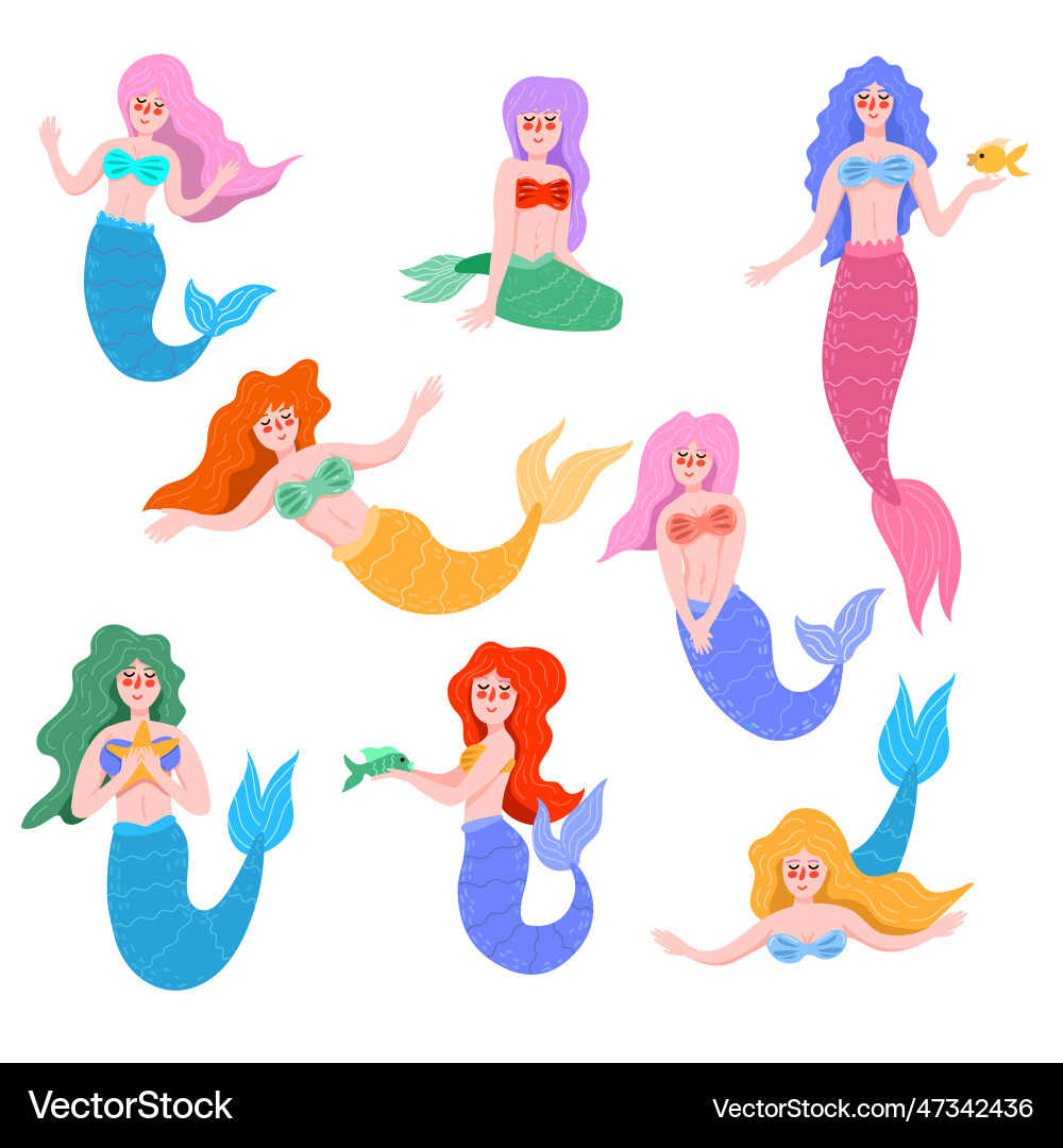 Cute mermaid cartoon characters flat Royalty Free Vector