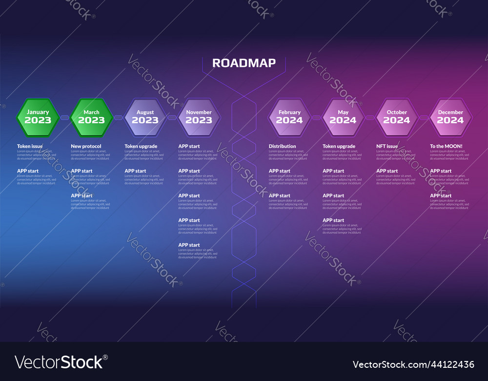 Roadmap With Hexagon Stages On Blue Purple Vector Image