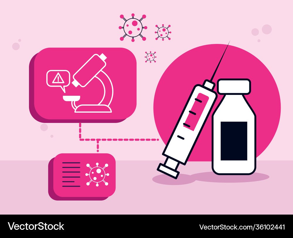 Coronavirus prevention vaccine jar and injection Vector Image