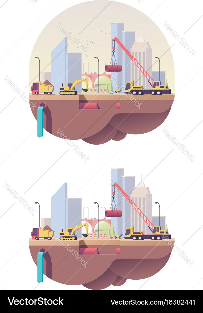 Low poly water main construction site Royalty Free Vector